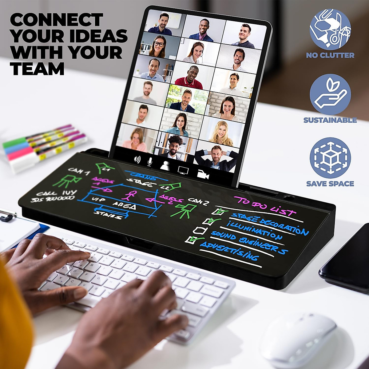 Desktop Whiteboard - Glass Dry Erase White Board- Desk Computer Buddy – Home Office & Studying Essentials - Desktop Pad with Phone & Tablet Slot, Storage Compartment - Includes 4 Markers, 1 Eraser.