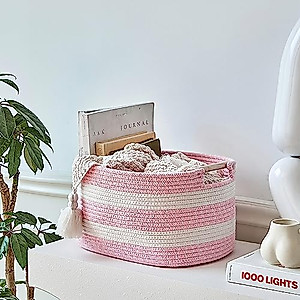 R RUNKA Decorative Storage Baskets - 15"x10.2"x9.1" Cube Storage bins for Organizing Shelves, Entryway, Closet - Versatile Baskets for Books, Towels,Toys - Pink Gift Basket for Girls - White & Pink