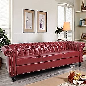 wirrytor Chesterfield Classic Sofa, Modern Leather 3 Seater Sofa, Upholstered Tufted Back Settee Couch with Rolled Arms Nailhead Trim for Living Room Bedroom(Burgundy)