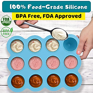 Silicone Baby Food Storage Container and Freezer Tray with Clip-On Lid, 100% Food-Grade, BPA Free (12 Cavities)