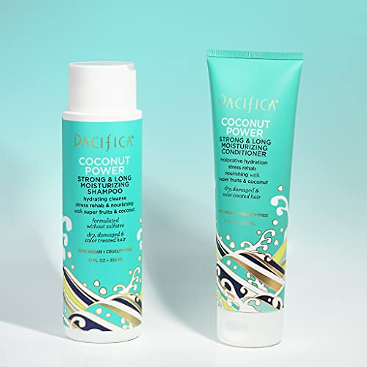 Pacifica Beauty Coconut Power Strong & Long Moisturizing Shampoo for Dry + Damaged Hair, 100% Vegan & Cruelty Free, Sulfate + Paraben Free, White, 2 Count