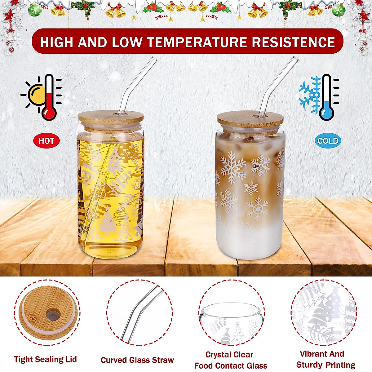 Mkhaslri 4Pcs Christmas Glass Cups with Lids and Straws,16oz Iced Coffee Cups with Lids Christmas Beer Drinking Glasses,Clear Cups Xmas Coffee Bar Accessories Gifts Home Decorations