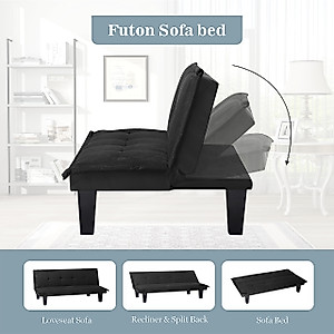 POCIYIHOME Futon Sleeper Sofa with Adjustable Back, Modern Twin Size Chaise with Brown Legs, 2-Seater Couch, Contemporary Home Furniture for Living Room,Bedroom,Office,Waiting Room, Faux Suede, Black