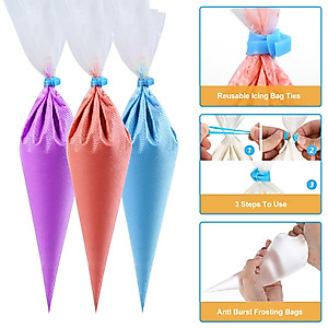 Piping Bags Disposable 100pcs, Leconico 12 Inch Thickened Pastry Bags, Anti Burst Frosting bags, Non-slip Icing Bags, Tipless Piping Bags with 2 Bag Ties 3 Cake Scraper for Royal Icing/Cake Decorating