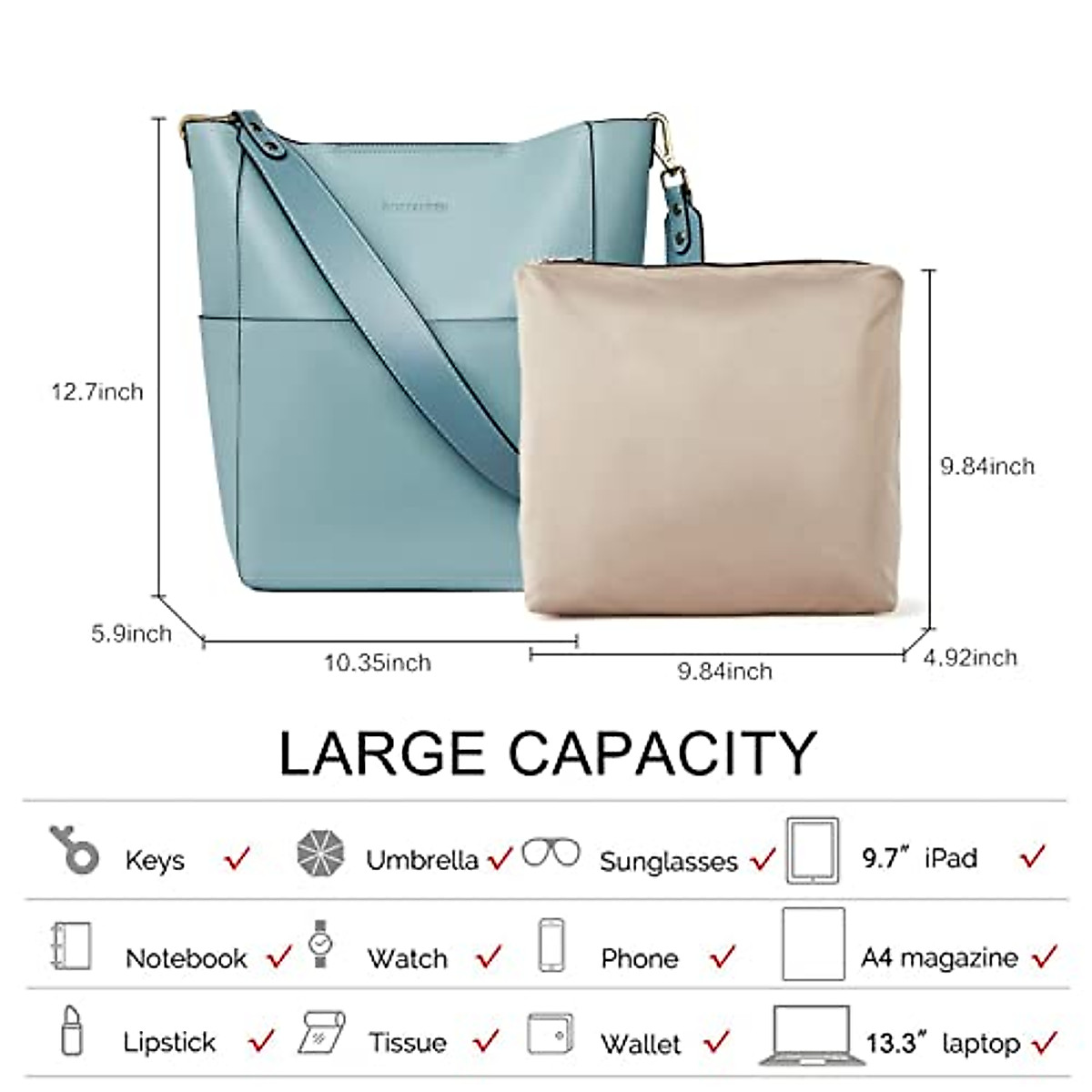 BOSTANTEN Women's Leather Designer Handbags Tote Purses Shoulder Bucket Bags Light Blue