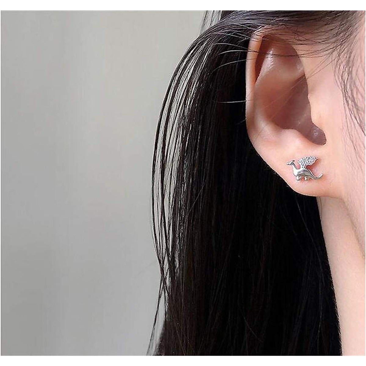 Small Dragon Earrings Stud for Women Girls Sterling Silver Hypoallergenic Cubic Zirconia Tiny Dinosaur Brontosaurus Animal Cartilage Tragus Post Polished Fashion Cute Jewelry Birthday Gifts (Silver)