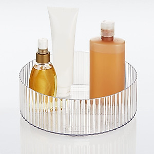 mDesign Plastic Stackable Bin with Handles and 9" Round Fluted Lazy Susan Turntable Plastic Spinner Combo Set for Organization in Bathroom, Closet, Cabinet, or Vanity Countertop - Set of 2 - Clear