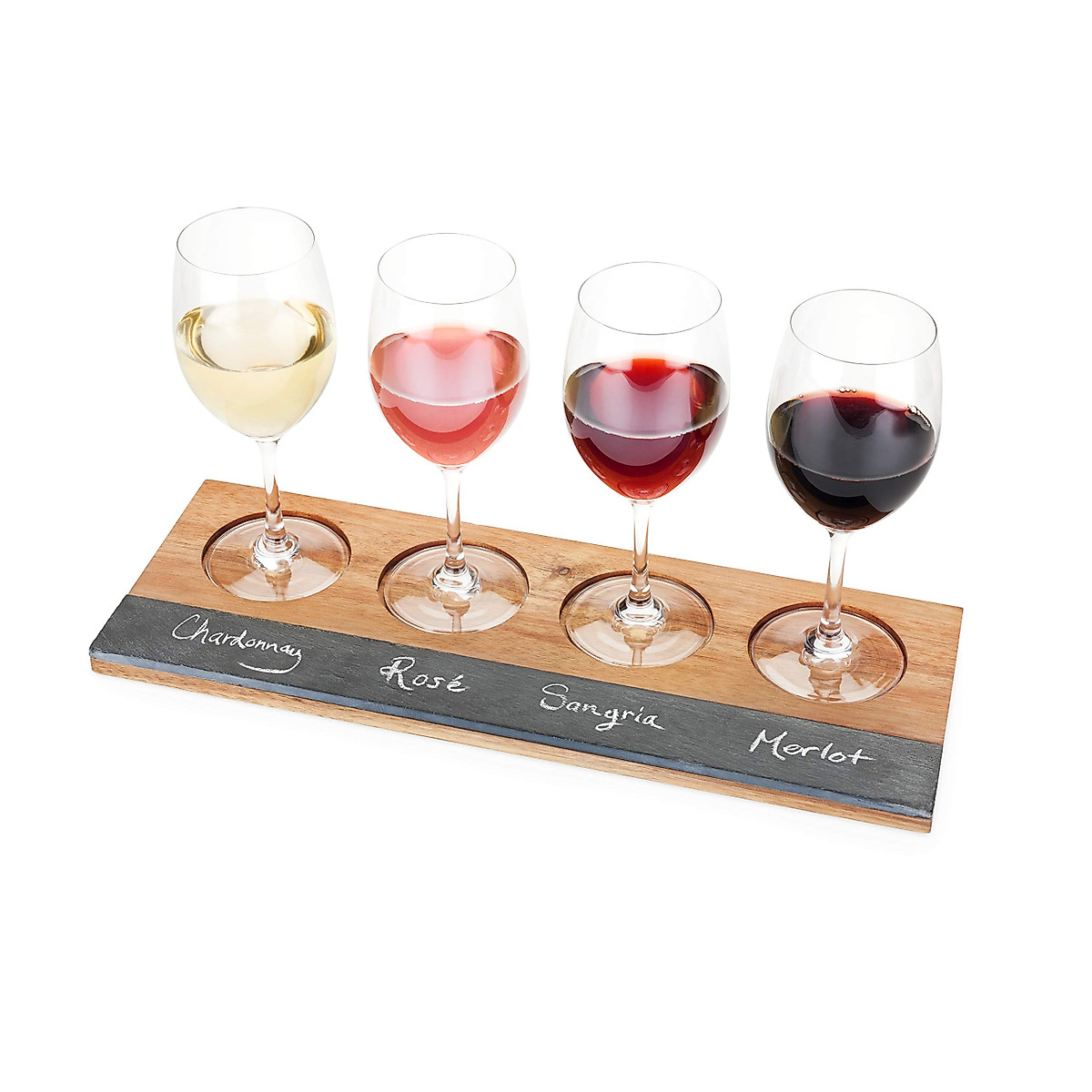 Twine Wine Flight Set, Wine Tasting Board with Slate Chalkboard, 2 Pieces of Soapstone Chalk, and Acacia Wood Serving Tray, Flight Board