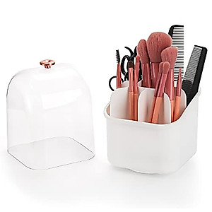 Fasmov 2 Pack Makeup Brush Holder Organizer, 360 Rotating Makeup Organizer with Clear Cover Cosmetics Storage Display Case, 8 Compartment Cosmetic Display Case for Vanity Desktop Bathroom Countertop