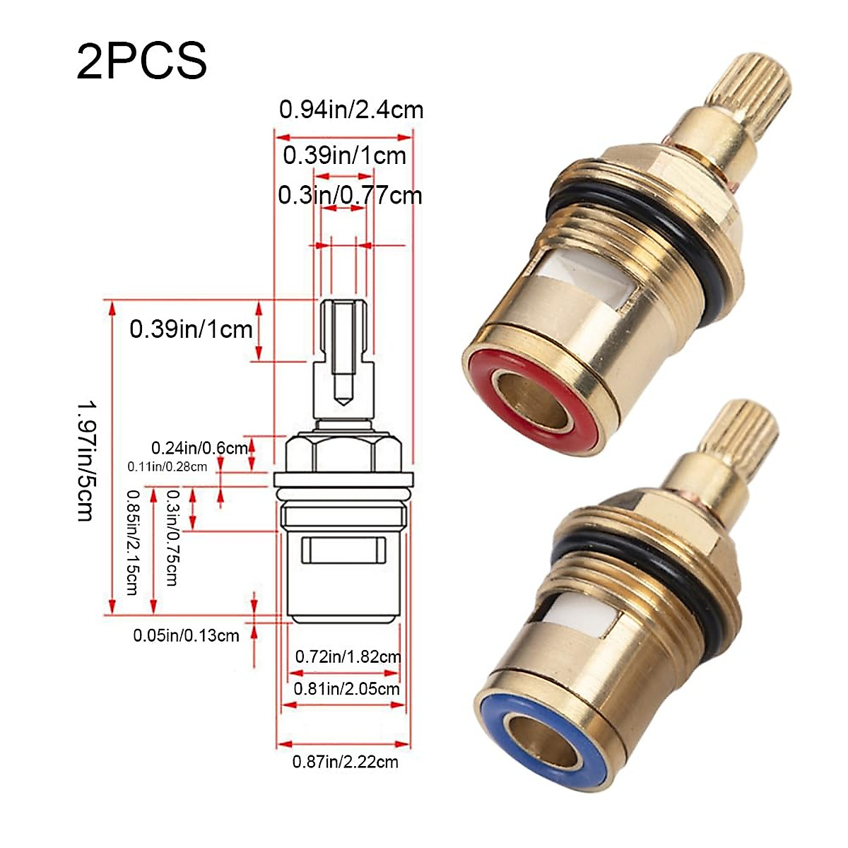 PENKOHOME 1 Pair Replacement Ceramic Tap Cartridge Valves 1/2" Quarter Turn Disc Cartridge Faucet Valves for Bathroom Kitchen Tap(Hot & Cold)