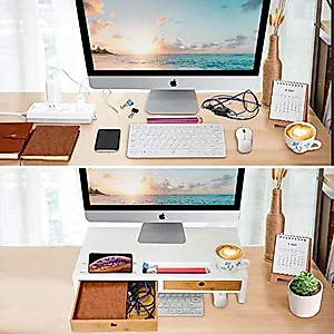 Computer Monitor Stand with Drawers - White Wood Laptop Screen Printer TV Riser 22.05L 10.60W 4.70H inch, Desk Organizer in Home&Office
