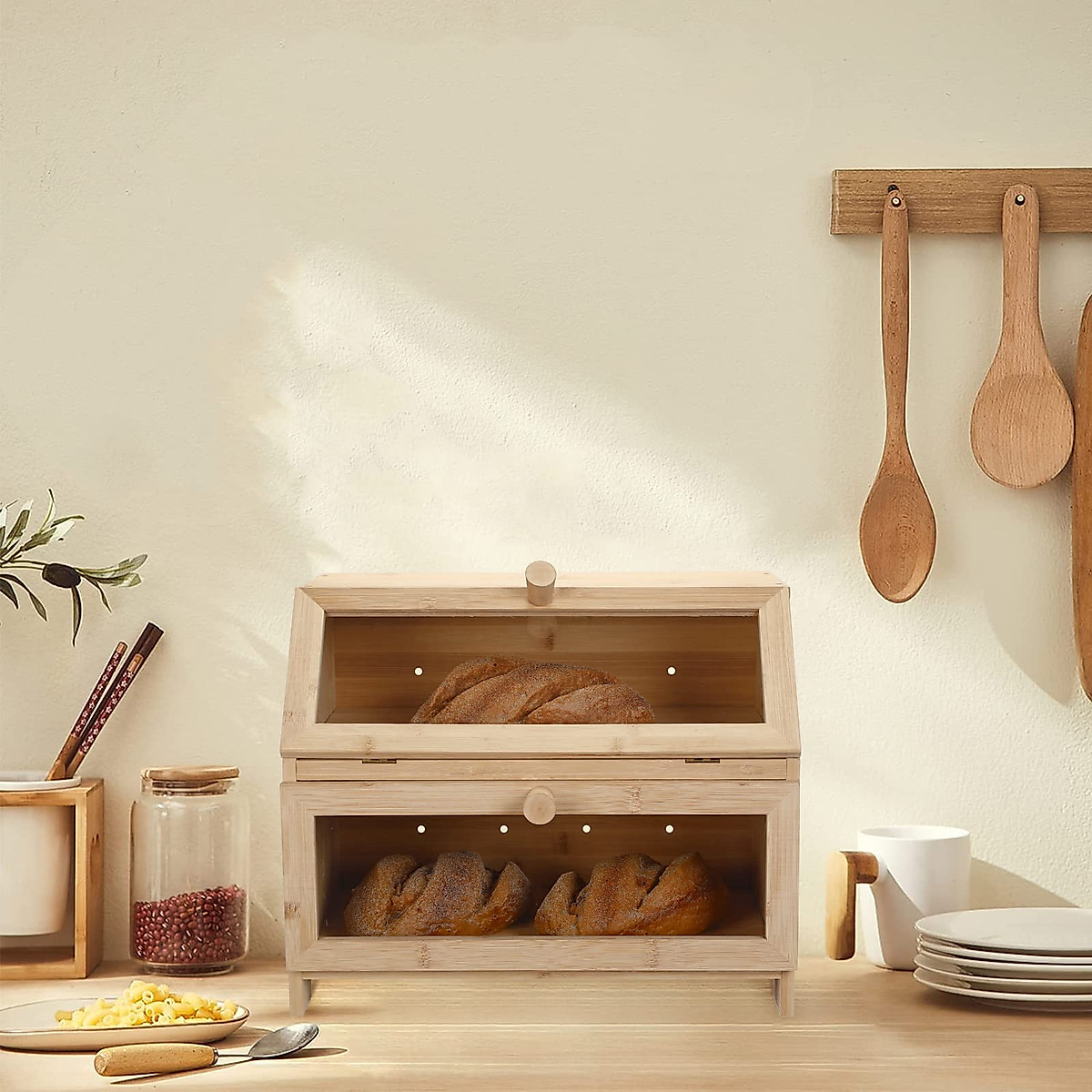 Bread Box Double Layer Bread Box for Kitchen Countertop Bamboo Bread Storage Container Bread Holder for 2 Large Loaves of Bread