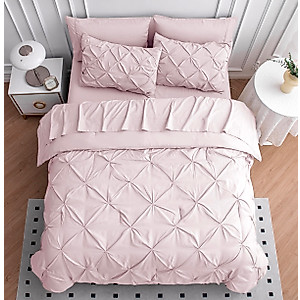 LANE LINEN Pink Comforter Set Queen Size with Sheets, Pillowcases & Shams, Pintuck Bedding Queen Size, Soft Queen Size Bed in a Bag Set, Pinch Pleated Queen Bed Comforter Set, Queen Bed Set for Girls