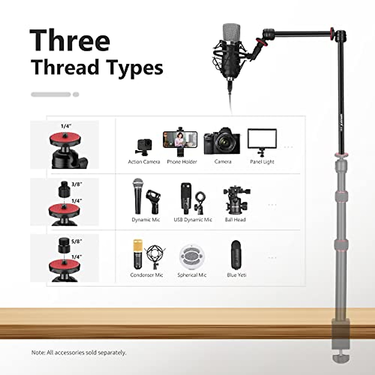 Neewer Flexible Arm Mounts On Any Camera Desk Mount Stand/Tripod for Overhead Photography, Detachable 3-Section Magic Arm with 1/4” 3/8” 5/8” Interface for Webcam, Camera, LED Light, Microphone - A163
