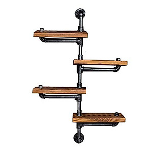 FOTEE Industrial Bookshelf Pipe Shelves 4 Tiers, Rustic Wood Shelf Wall Mounted, Metal Corner Hung Bracket Shelving Floating Shelves Home Decor Shelf,Black