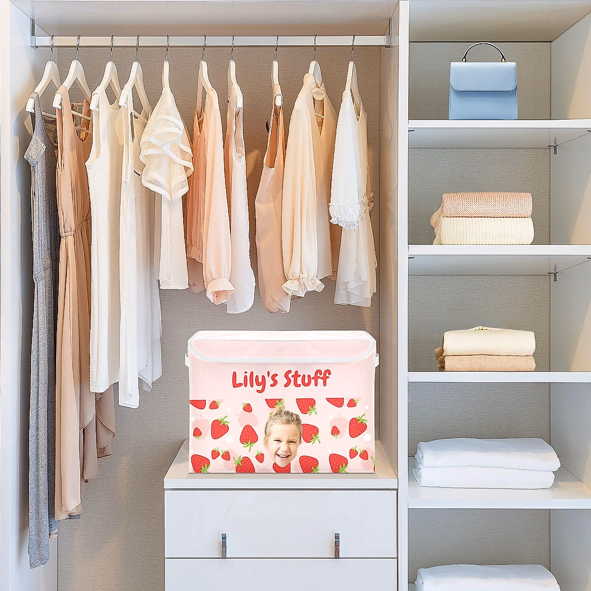 Sinestour Custom Storage Bins with Lid Personalized Storage Basket Box Shelf Basket Closet Organizer for Home Toy Playroom (Strawberry)