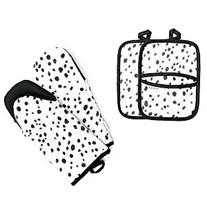 Sage+Stitch Oven Mitts and Pot Holders 4 Piece Set | Heat Resistant Gloves | Accessories for Kitchen and Baking | Dalmatian Design