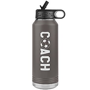 JFWcreations Soccer Coach Water Bottle - 32oz Insulated Engraved Stainless Steel Flip Top With Straw Soccer Coach Gift Pewter