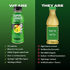 Organic Golden Tiger Turmeric Lemonade with Green Tea - Bio Active Curcumin + Green Tea + Ginger - 12 Bottles - Recover with Plant Based Power - 20 Calories