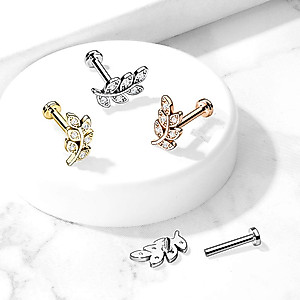 Micro CZ Paved Leaf Top on Internally Threaded 316L Surgical Steel Flat Back Studs for Labret, Monroe, Cartilage and More (16GA, Length: 1/4" (6mm), Gold/Clear)