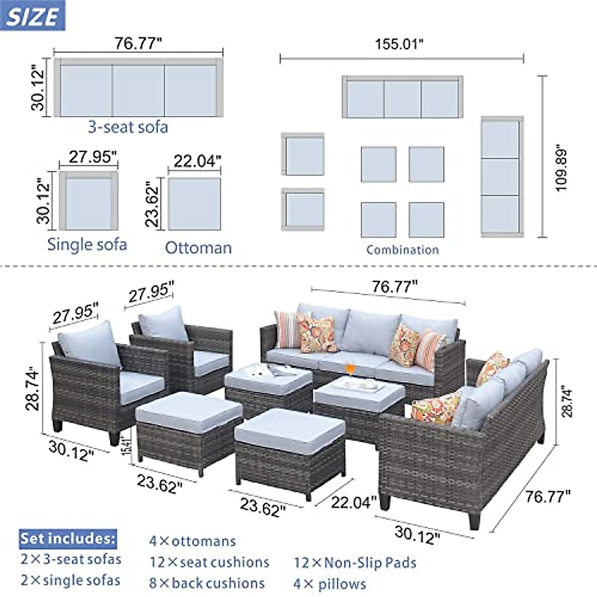 ovios Patio Furniture Set 8 PCS High Back Sofa Outdoor Conversation Sets All Weather Wicker Rattan Sectional Sofa Set Couch and Chairs Garden Backyard Porch (Grey)