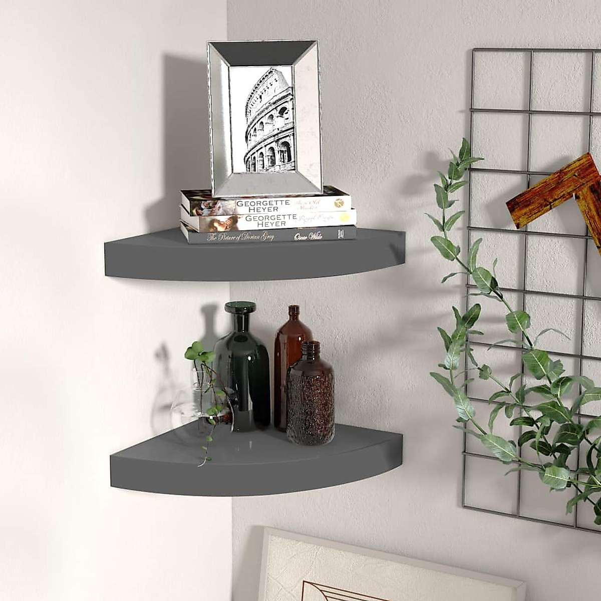 homiuse Floating Corner Shelves 2 pcs High Gloss Gray 9.8"x9.8"x1.5" MDF Shelves for Wall Decor Small Wood Shelf for Bedroom Living Room Laundry Room Bookshelf Wall Hanging Shelves Lack Shelf
