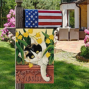 CMEGKE Spring Summer Cat Garden Flag, Spring Summer Cat Daffodils Flags, Spring Summer Flags Summer Spring Rustic Vertical Double Sided Burlap Cat Daffodils Floral Home Holiday Party Farmhouse Yard Lawn Outside Decorations 12.5 x 18 In