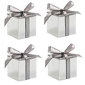 KUPOO 50PCS Favor Boxes,Candy Boxes 2.2x2.2x2.2 Inches Small Gift Boxes with Ribbons for Wedding Baby Shower Decorations Birthday Party Supplies (Silver)