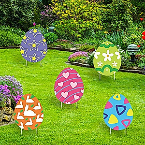 WATINC 10Pcs Easter Yard Sign Hanging Ornaments Bunny Eggs Flower Heart Star Outdoor Lawn Signs Hunt Games Spring Party Decorations Photo Props for Outside Garden Tree Wall with Stakes & Ribbons