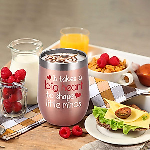 GINGPROUS It Takes a Big Heart to Shape Little Minds Wine Tumbler, 12 Oz Stainless Steel Wine Tumbler Glass with Lid and Straw, Funny Birthday Thank you Teacher Appreciation Gifts for Teachers Women