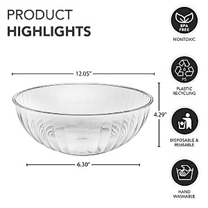 Party Essentials Hard Plastic 192 OZ./6 QT/1.5 Gallon Large Serving Bowls For Punch/Salad/Snack/Treat/Fruit, 3-Count, Clear