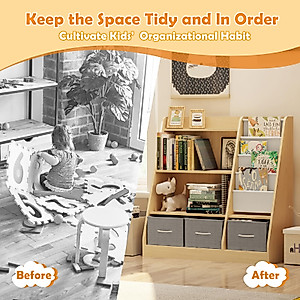 Kid Sling Bookshelf with 3 Storage Bin Drawers Baby Nursery Book Shelf Wood Book Display Shelf Toddler Toy Box Organizer Child Bookcase Montessori Book Rack Cabinet Boy Girl Kid Room Playroom Bedroom