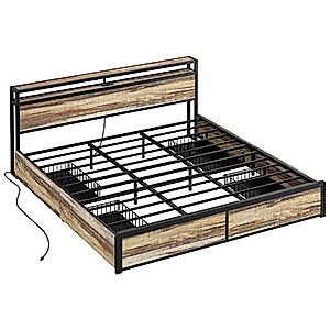 LIKIMIO King Bed Frame with Storage Drawer, 2-Tier Storage Headboard with Charging Station, No Box Spring Needed, Easy Assembly, Rustic Brown