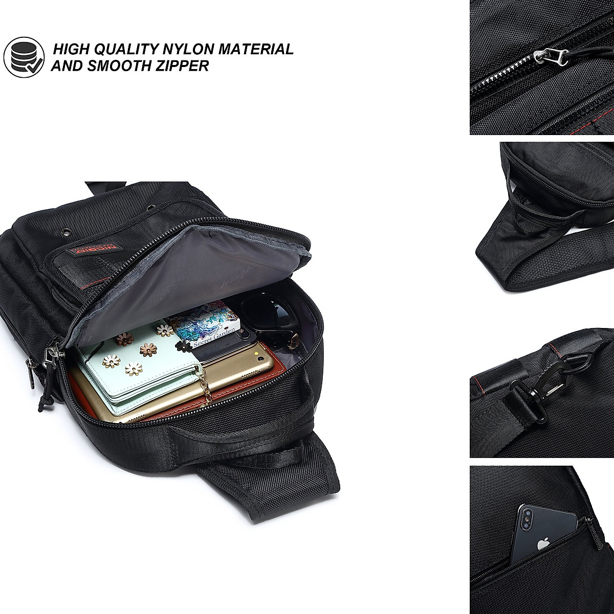 Sling Bags, Chest Shoulder Backpacks Crossbody Purse Outdoor Chest Bag Travel Backpack for Men Women Hiking Camping Cycling (Black 9.7'')