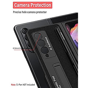 KumWum Phone Case for Samsung Galaxy Z Fold 3 5G Ultra-Thin Back Cover Protection Shockproof Bumper with S Pen Holder & Kickstand - Carbon Fiber