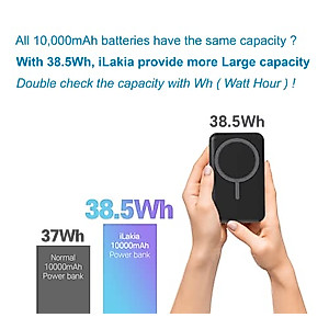 iLakia Magnetic Wireless Power Bank, 10000mAh Portable Charger, Magnetic Battery Pack for iPhone 14 & 13 & 12 Pro/Pro Max/Mini, Android/Samsung, Multi & Fast Charging with USB PD, USB Type-C