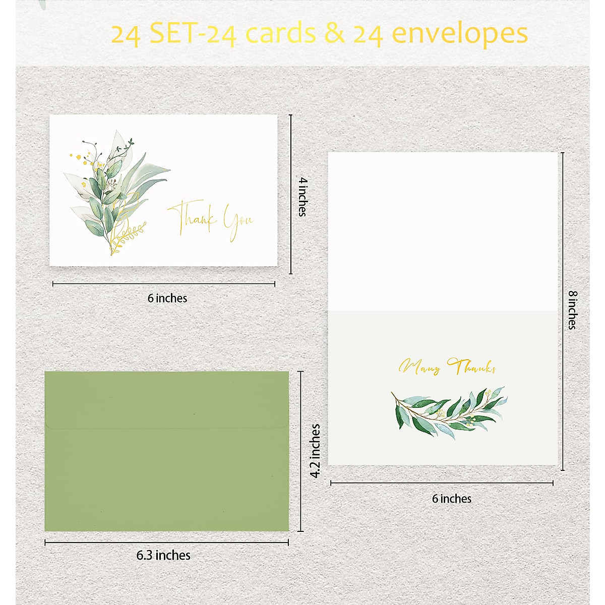 24 Pack Gold Foil Greenery Thank You Cards with Self-adhesive Envelopes, 4"x6" Boxed Watercolor Thank You Note Cards for Bridal Shower, Wedding or Baby Shower, 24 Unique Designs