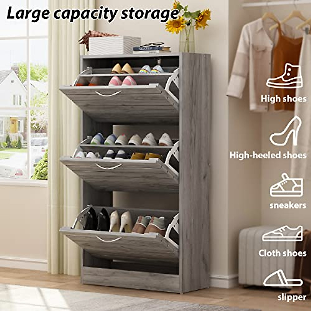AGOTENI Shoe Cabinet, Grey Narrow Shoe Cabinet with 3 Flip Doors & Adjustable Shelf, Modern Shoe Storage Cabinet for Entryway Hallway (22.4”W x 9.4”D x 42.3”H)