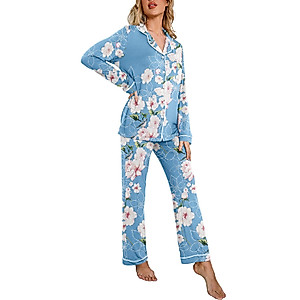 PrinStory Women's Pajamas Set Long Sleeve Sleepwear Casual Loungewear Soft Button Down Pjs Set with Pockets FP-Light Blue-Large