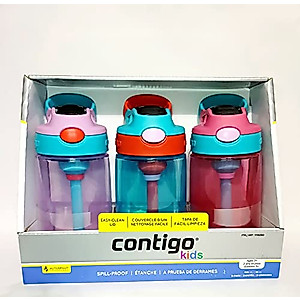 Contigo Kids Water Bottle, 14 oz with Autospout Technology – Spill Proof, Easy-Clean Lid Design – Ages 3 Plus, Top Rack Dishwasher Safe, 3-Pack, Purple/Blue/Pink
