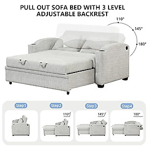 P PURLOVE Upholstered Modern Sofa Bed with Armrest, Convertible Sofa Couch with Adjustable Backrest, Sleeper Bed with 2 Pillows, USB Port, Chenille Pull Out Sofa Bed for Living Room (White Gray)