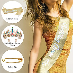 Chanaco Birthday Tiara Birthday Sash for Women Birthday Queen Sash Birthday Crowns for Women Gold Tiaras Happy Birthday Decorations Princess Rhinestone Headband Birthday Party Suppliers Gifts