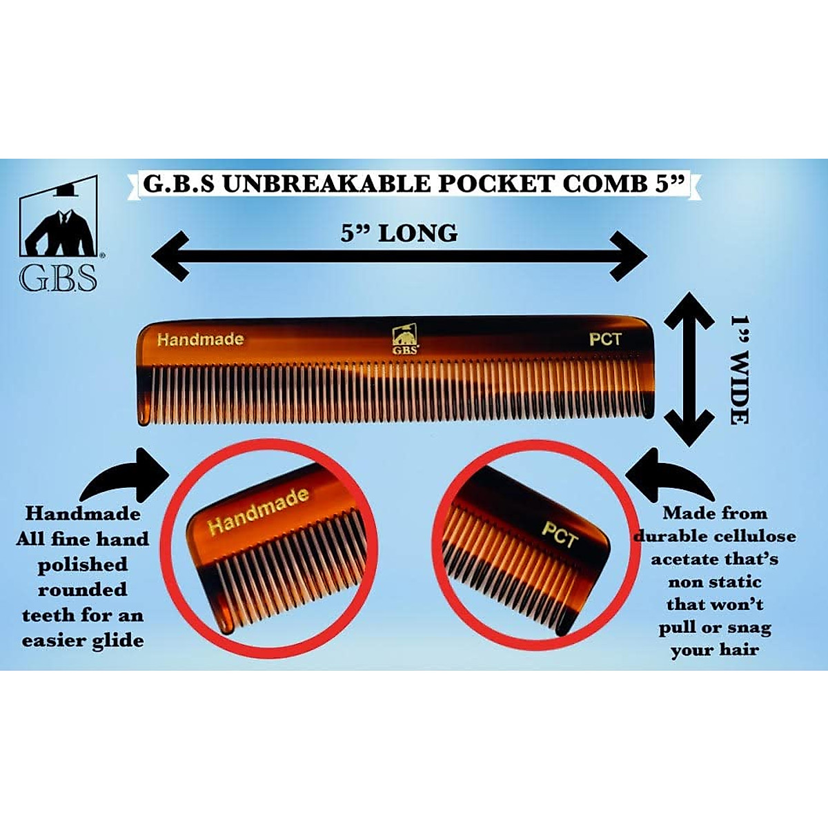 G.B.S Handmade Men and Women Comb Set- Pack of 3, Unbreakable Fine Toothed Mustache,Eyebrow Pocket Comb- Portable Pocket Size for Styling Beard & Hair anytime, Tortoise MCT DCT PCT Combs