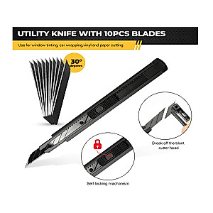 Gomake Vinyl Backing Cutter Wrapping Paper Cutter Vinyl Knife with PTFE Coating Hidden Blade, 30 Degree Snap Off Blade Lockable Utility knife Retractable Box Cutter with Extra 10pcs Replace blades