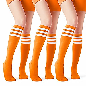Joulli Women's Knee High Athletic Socks Stripe Tube Outdoor Sport Socks 3 Pairs, Orange