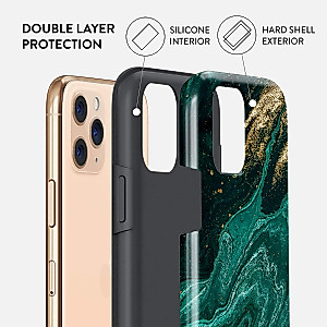 BURGA Phone Case Compatible with iPhone 11 PRO MAX - Hybrid 2-Layer Hard Shell + Silicone Protective Case -Emerald Green Jade Stone Luxury Gold Glitter Marble - Scratch-Resistant Shockproof Cover