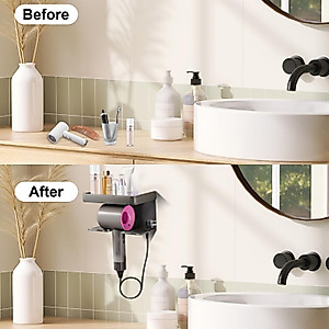 Hair Dryer Holder, Hair Dryer Holder Wall Mount with Storage Platform and Wire Hook Stand for Different Size Hair Blow Dryers, Hair Styling Care Tool Organizer for Bathroom