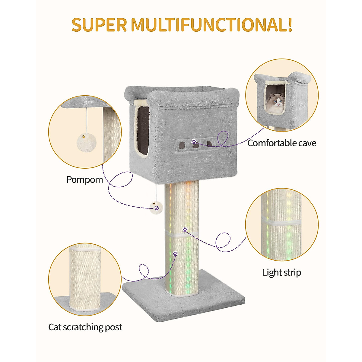 Hzuaneri 39-Inch Cat Scratching Post Tower with Bed, Cat Tower with LED Light Strip, Cat Scratcher Post with Woven Sisal, Condo, Pompom, Light Gray MS99018LG