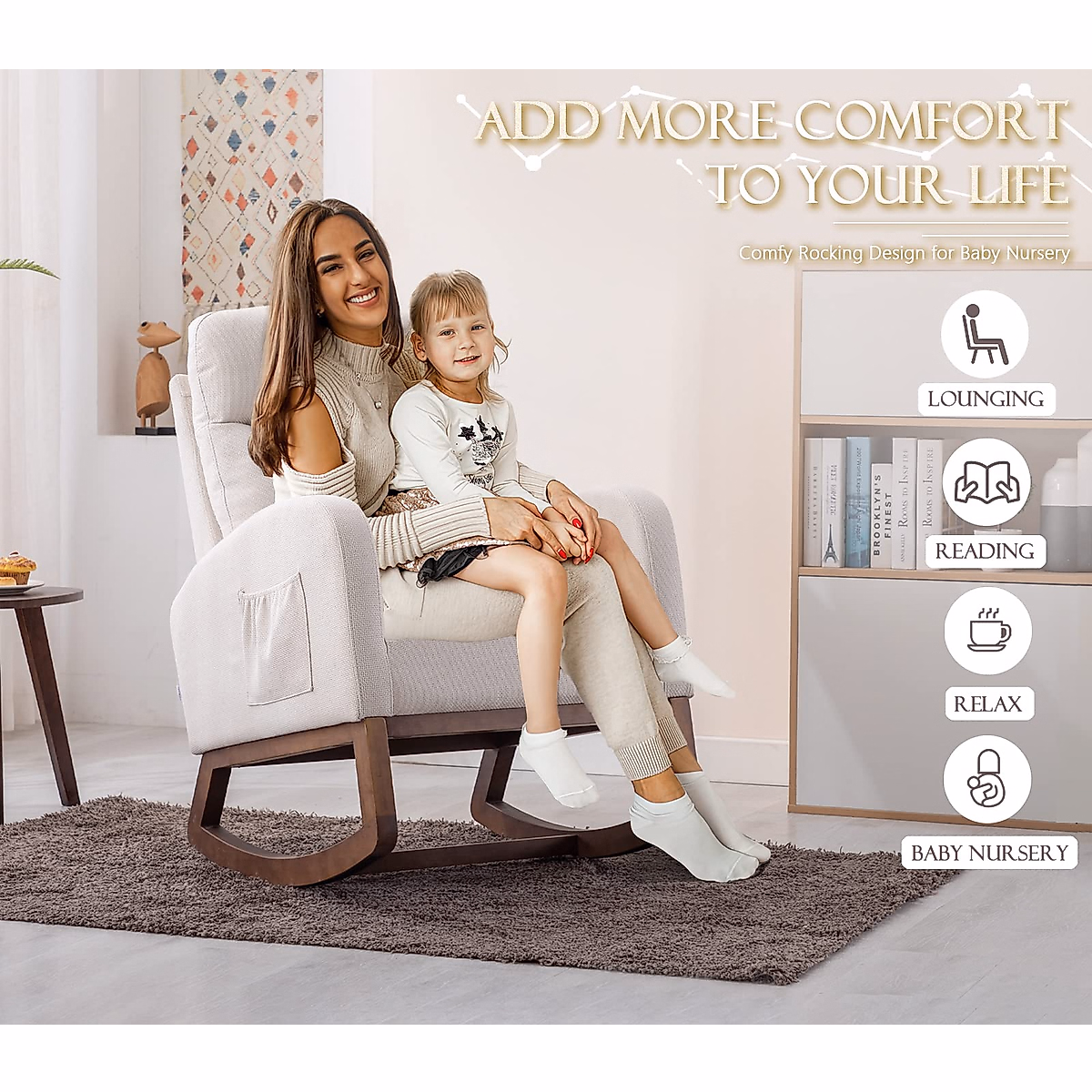 KINFFICT Comfy Rocking Chair, Upholstered Accent Glider Rocker for Baby Nursery or Relaxation, Living Room Armchair with High Back and Headrest, Modern Rocking Glider with Side Pocket, Beige