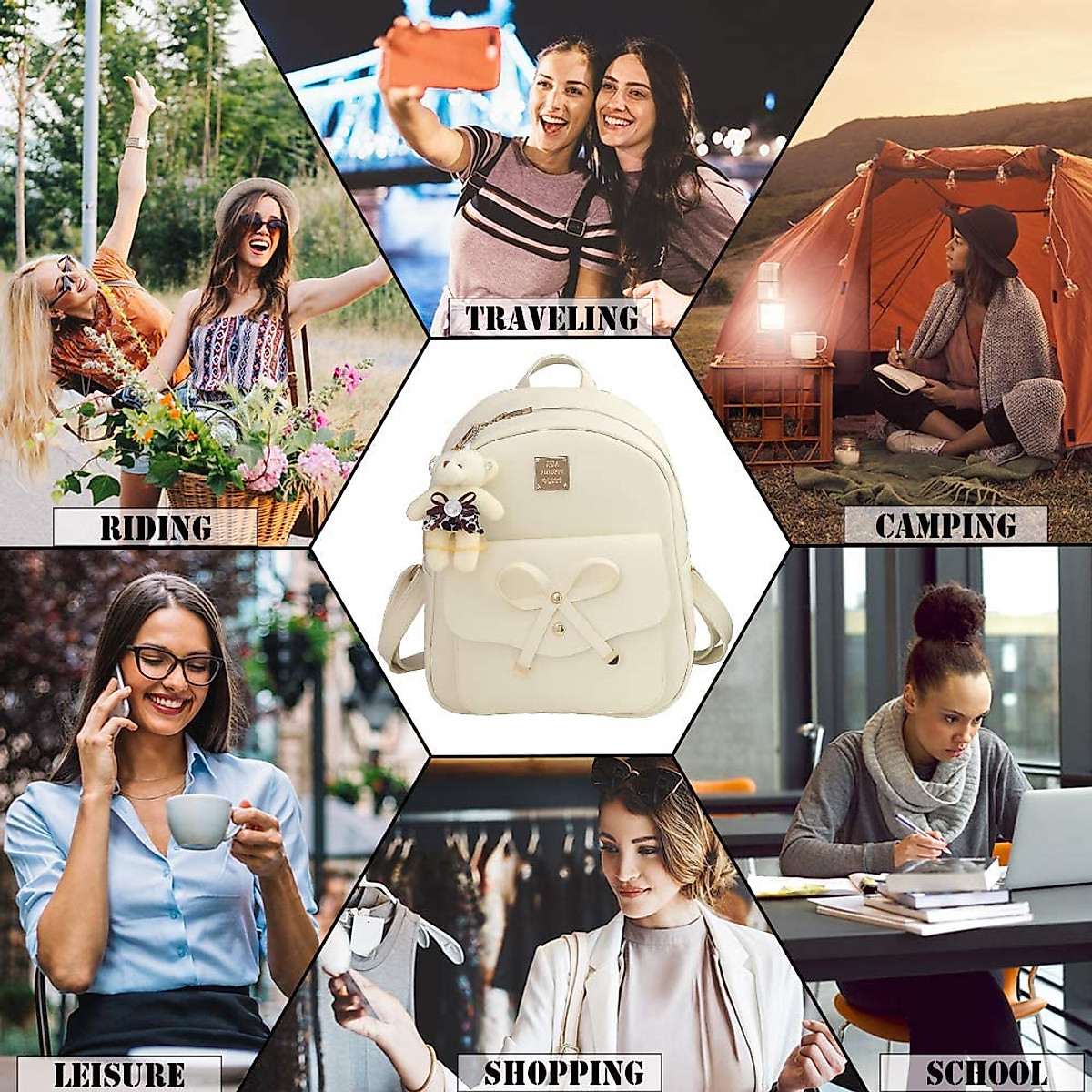 ZGWJ Mini Leather Backpack Purse Bowknot Small Backpack Cute Casual Travel Daypacks for Women(3-Pieces) Beige